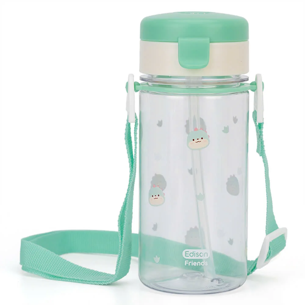 Bình tập uống ống hút chống tràn ecozen Edison (350ml, dây đeo, xanh
