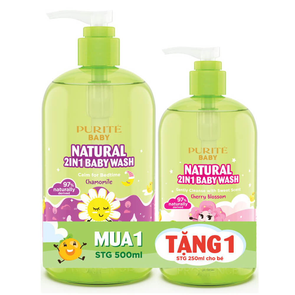 Combo Sữa Tắm Gội Thiên Nhiên Cúc La Mã Purité Baby 500ml và tắm gội